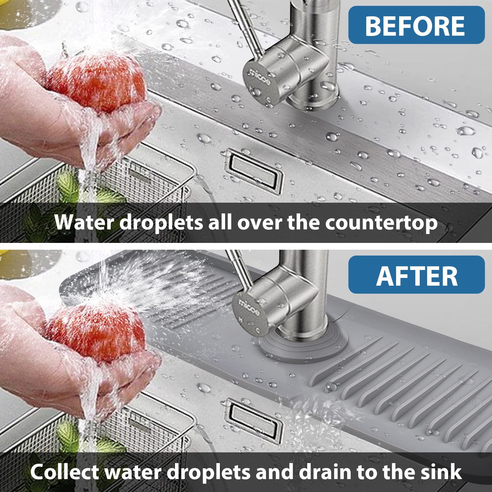 Kitchen Sink Splash Guard, Silicone Faucet Handle Drip Catcher Tray Fits the Faucet Tube within 2.5", Kitchen Sponge Holder Faucet Absorbent Sink Protectors Mat (17.7" x 5.5")
