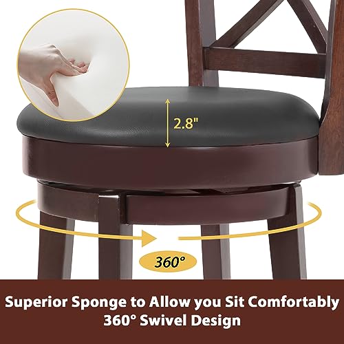 YIQIEDEY Bar Stools,Counter Bar Height Stools with X-Back,Wooden Low Back Bar Stools with 360 Degree Swivel,Kitchen Barstools with PU Leather Upholstery,Brown(39.4" H)