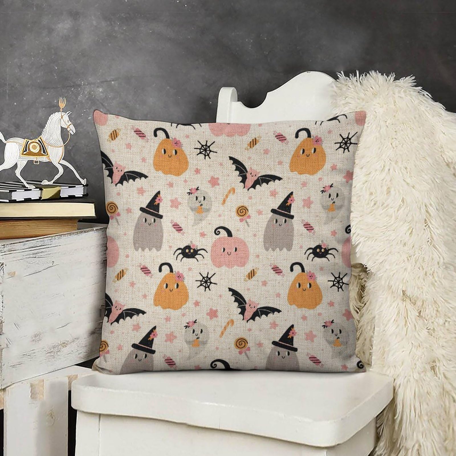Cute Halloween Ghost Cat Throw Pillow Covers 18×18 Pillowcases Set of 2 Autumn Pumpkin Linen Decorative Square Pillow Case Cushion Covers Standard Size for Sofa Couch Outdoor Bed Pillow Protectors