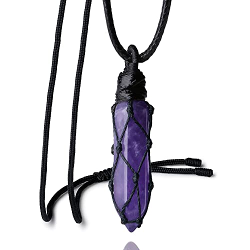 MAIBAOTA Men Women Necklaces Healing Crystal Point Pendant Necklace Adjustable Rope Natural Reiki Gemstone Necklace Jewelry (A-Amethyst)