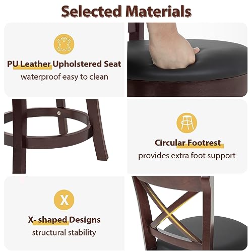 YIQIEDEY Bar Stools,Counter Bar Height Stools with X-Back,Wooden Low Back Bar Stools with 360 Degree Swivel,Kitchen Barstools with PU Leather Upholstery,Brown(39.4" H)