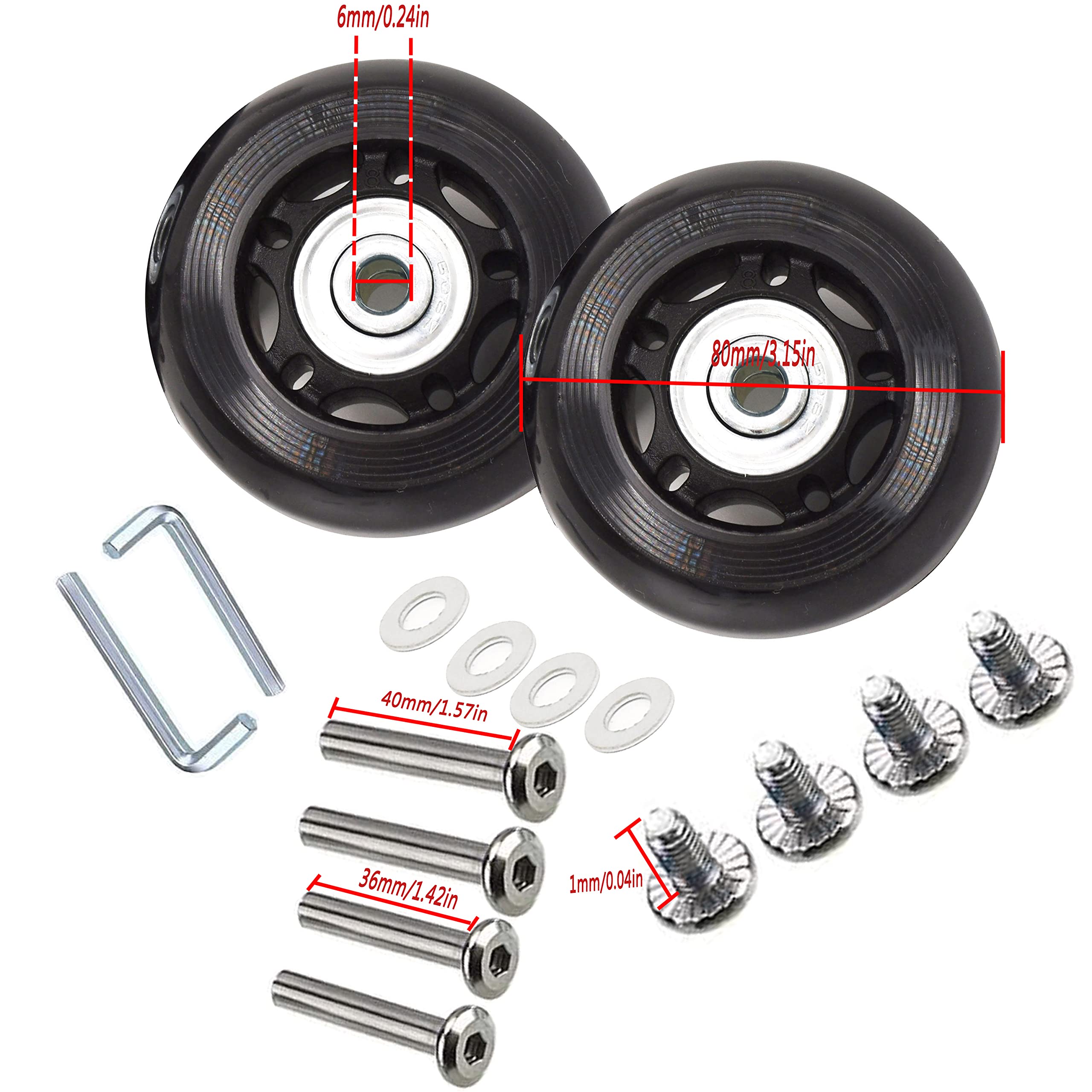 Suitcase Luggage Wheel Replacement kit Rubber Universal Wheels Swivel Caster Bearing Tool(Set of 2 Rounds) (OD:80 W:24 ID:6 Axles:36/ 40mm)