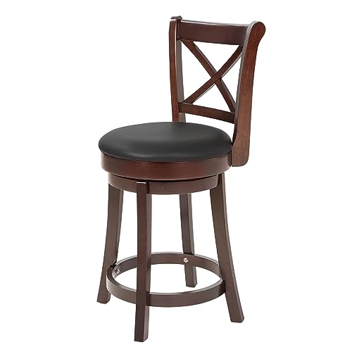YIQIEDEY Bar Stools,Counter Bar Height Stools with X-Back,Wooden Low Back Bar Stools with 360 Degree Swivel,Kitchen Barstools with PU Leather Upholstery,Brown(39.4" H)