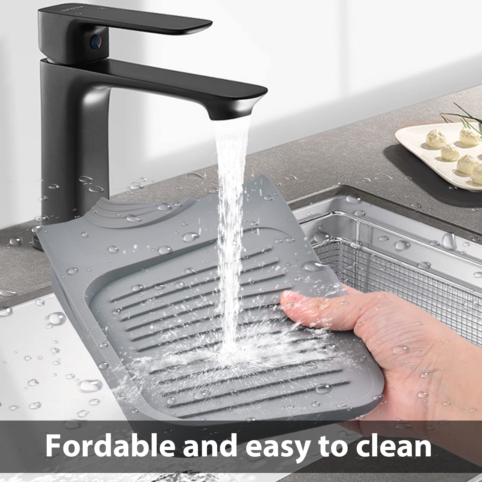 Kitchen Sink Splash Guard, Silicone Faucet Handle Drip Catcher Tray Fits the Faucet Tube within 2.5", Kitchen Sponge Holder Faucet Absorbent Sink Protectors Mat (17.7" x 5.5")
