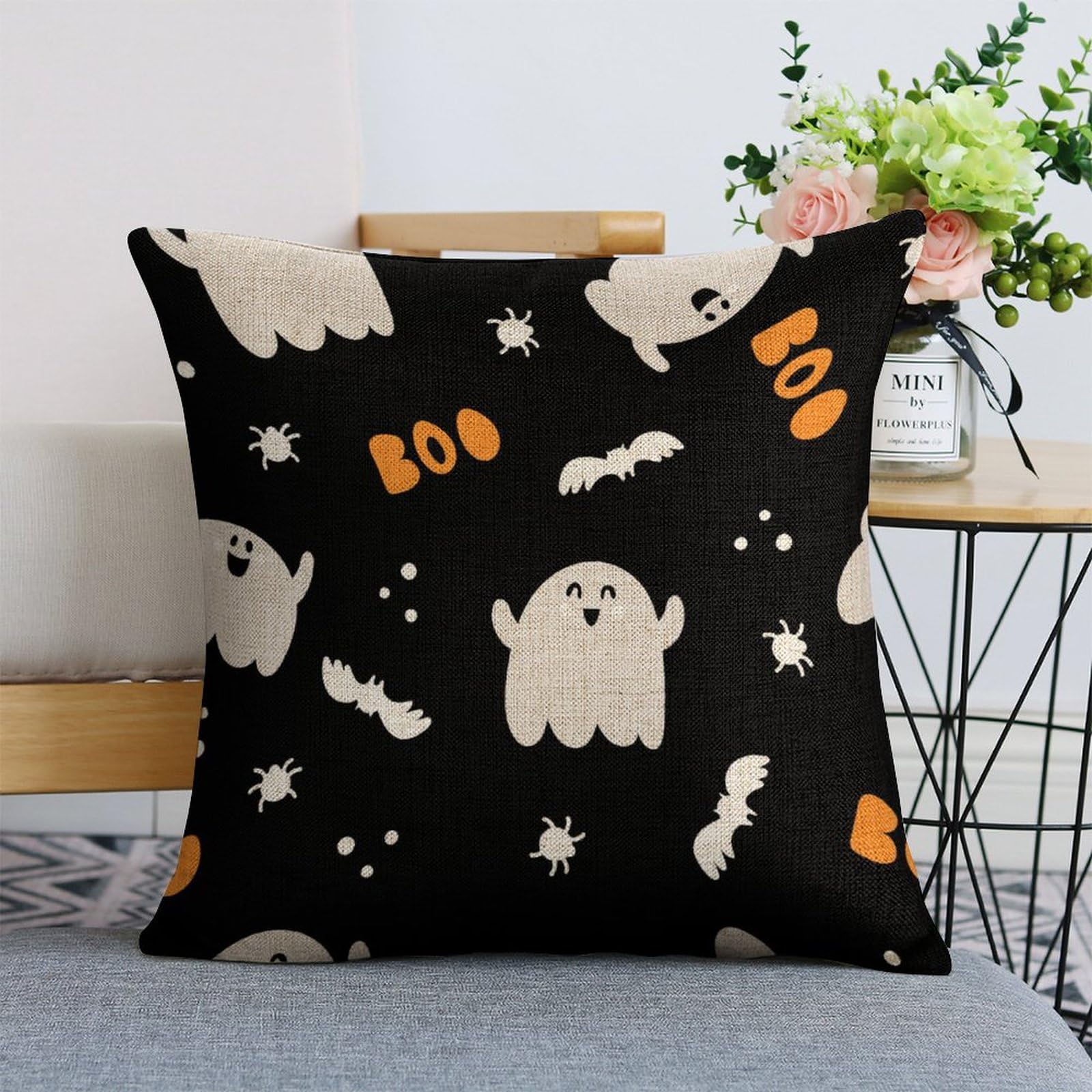 Halloween Cartoon Ghost Bats Throw Pillow Covers 18×18 Pillowcases Set of 2 Spider Boo Linen Decorative Square Pillow Case Cushion Covers Standard Size for Sofa Couch Outdoor Bed Pillow Protectors