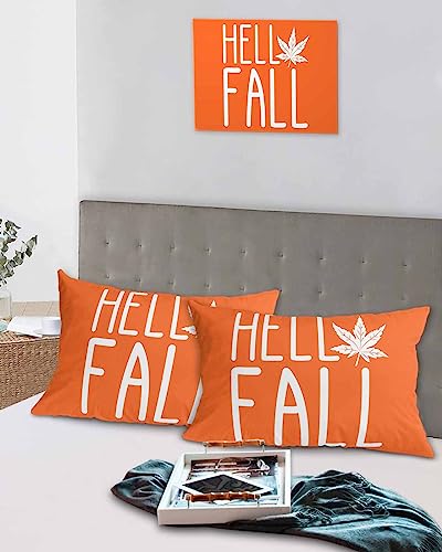 Edwiinsa Hello Fall Pillow Covers King Standard Set of 2 Bed Pillow, Rustic Orange Autumn Maple Leaf Plush Soft Comfort for Hair/Skin Cooling Pillowcases with Envelop Closure 20''x36''