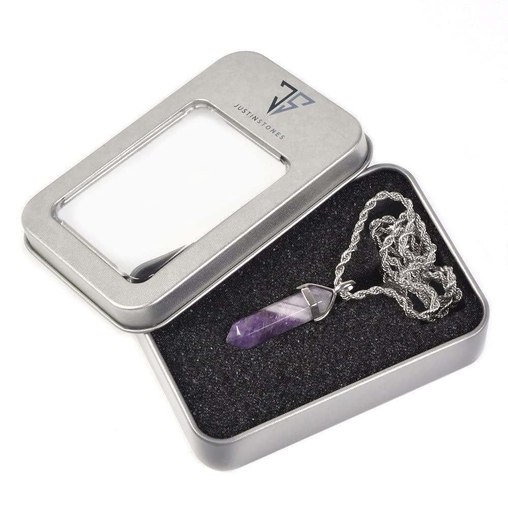 Natural African Amethyst Gemstone Hexagonal Pointed Reiki Chakra Pendant Necklace 20" High-grade Iron Gift Box