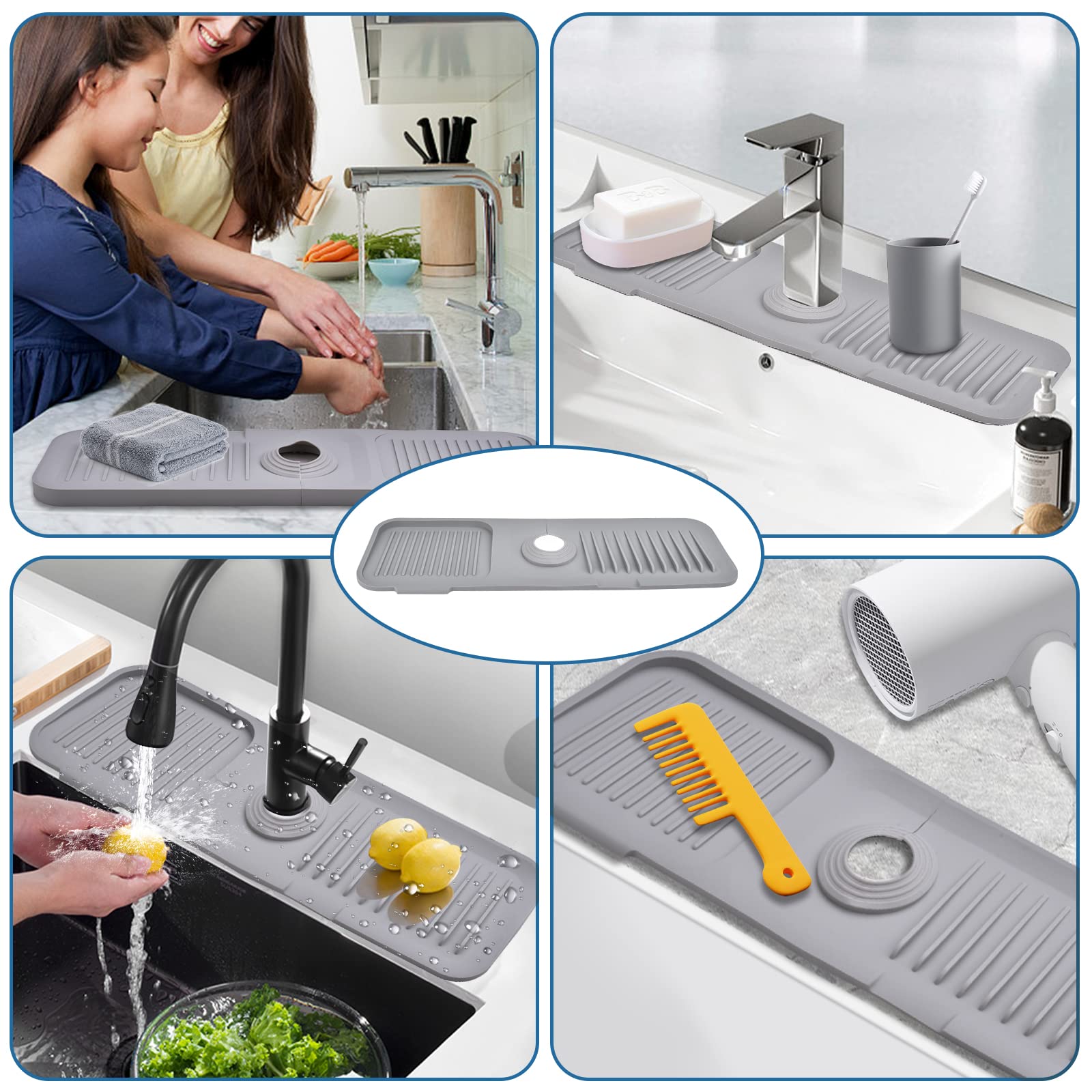 Kitchen Sink Splash Guard, Silicone Faucet Handle Drip Catcher Tray Fits the Faucet Tube within 2.5", Kitchen Sponge Holder Faucet Absorbent Sink Protectors Mat (17.7" x 5.5")