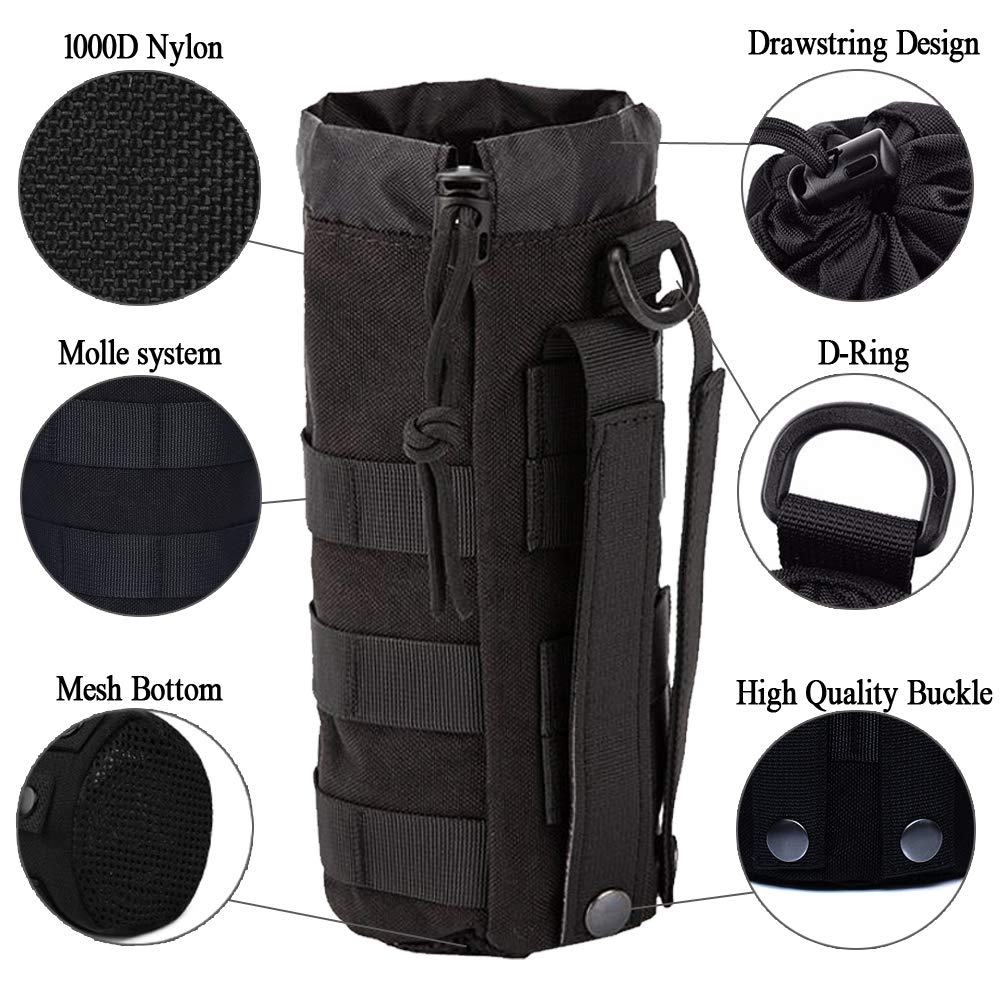 Novemkada Water Bottles Pouches - 1000D Tactical Molle Drawstring 32OZ Hydration Carrier Bag (Black+Green)