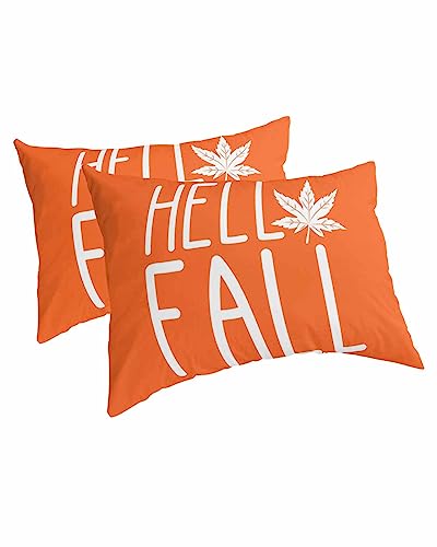 Edwiinsa Hello Fall Pillow Covers King Standard Set of 2 Bed Pillow, Rustic Orange Autumn Maple Leaf Plush Soft Comfort for Hair/Skin Cooling Pillowcases with Envelop Closure 20''x36''