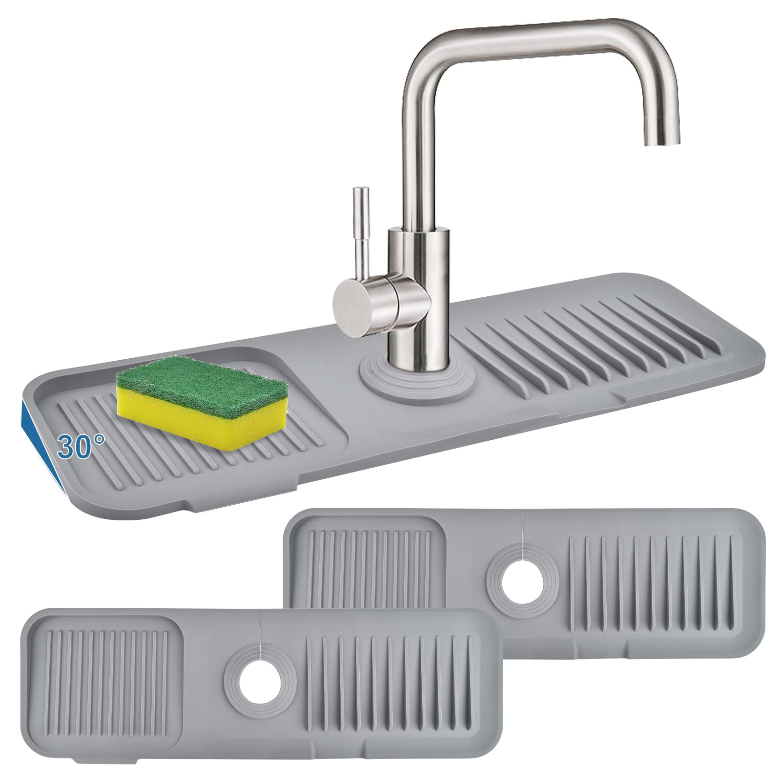 Kitchen Sink Splash Guard, Silicone Faucet Handle Drip Catcher Tray Fits the Faucet Tube within 2.5", Kitchen Sponge Holder Faucet Absorbent Sink Protectors Mat (17.7" x 5.5")