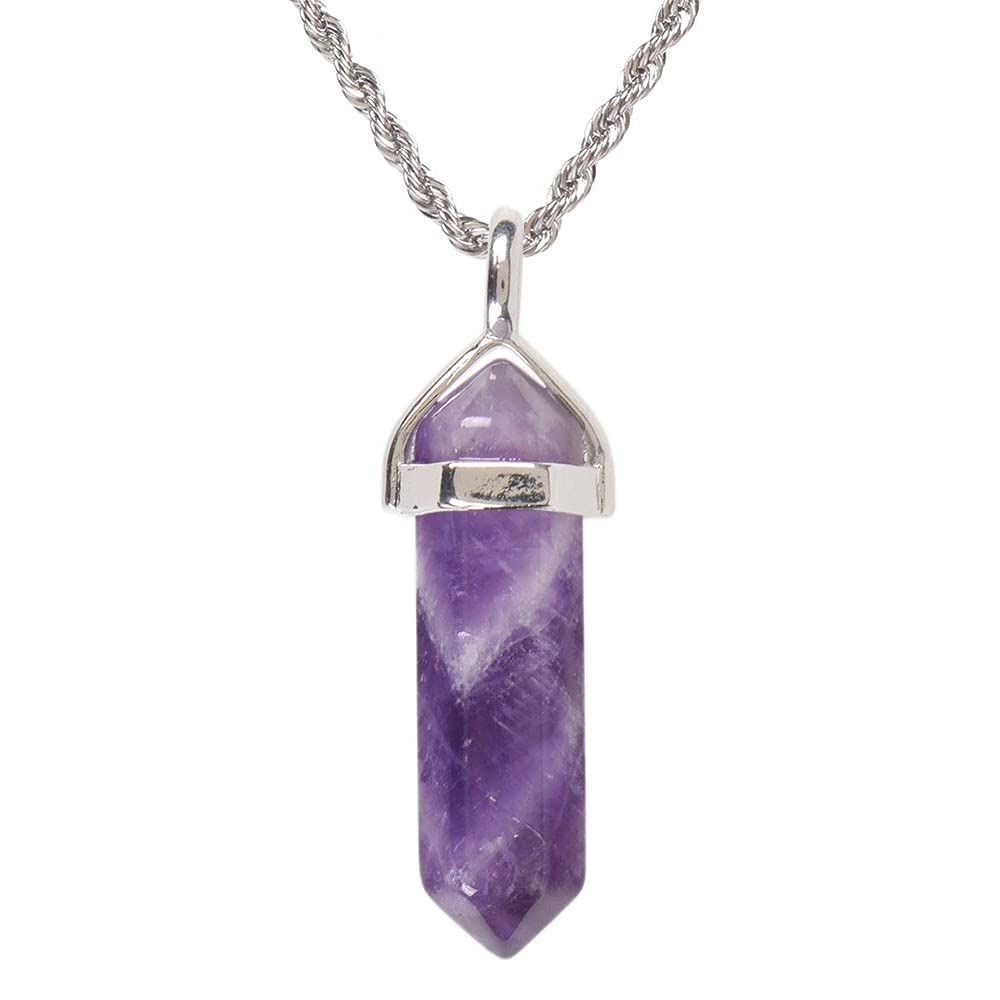 Natural African Amethyst Gemstone Hexagonal Pointed Reiki Chakra Pendant Necklace 20" High-grade Iron Gift Box