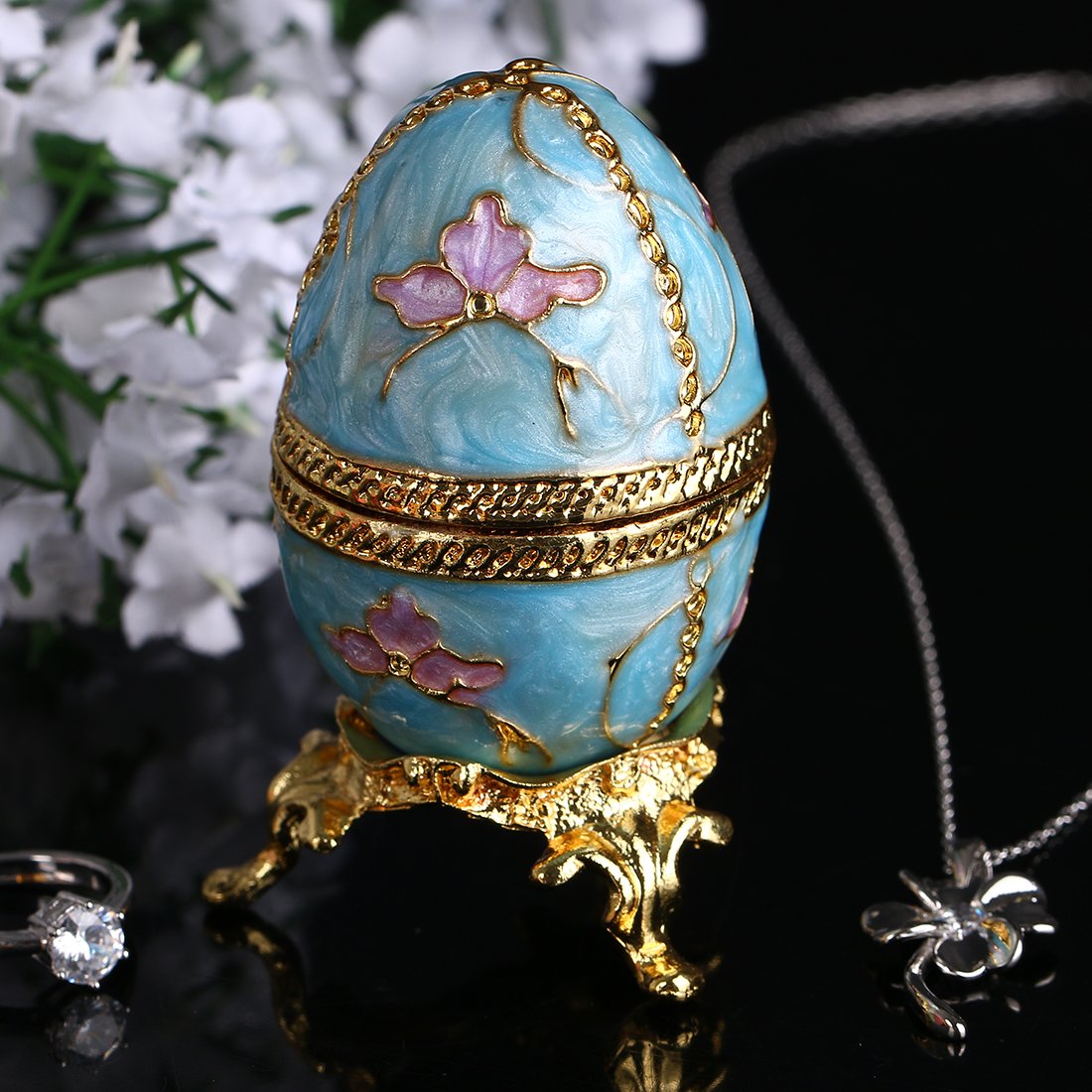 YU FENG Faberge Egg Trinket Box Hinged Jewelry Box Ring Holder Collectible Figurine Crystals