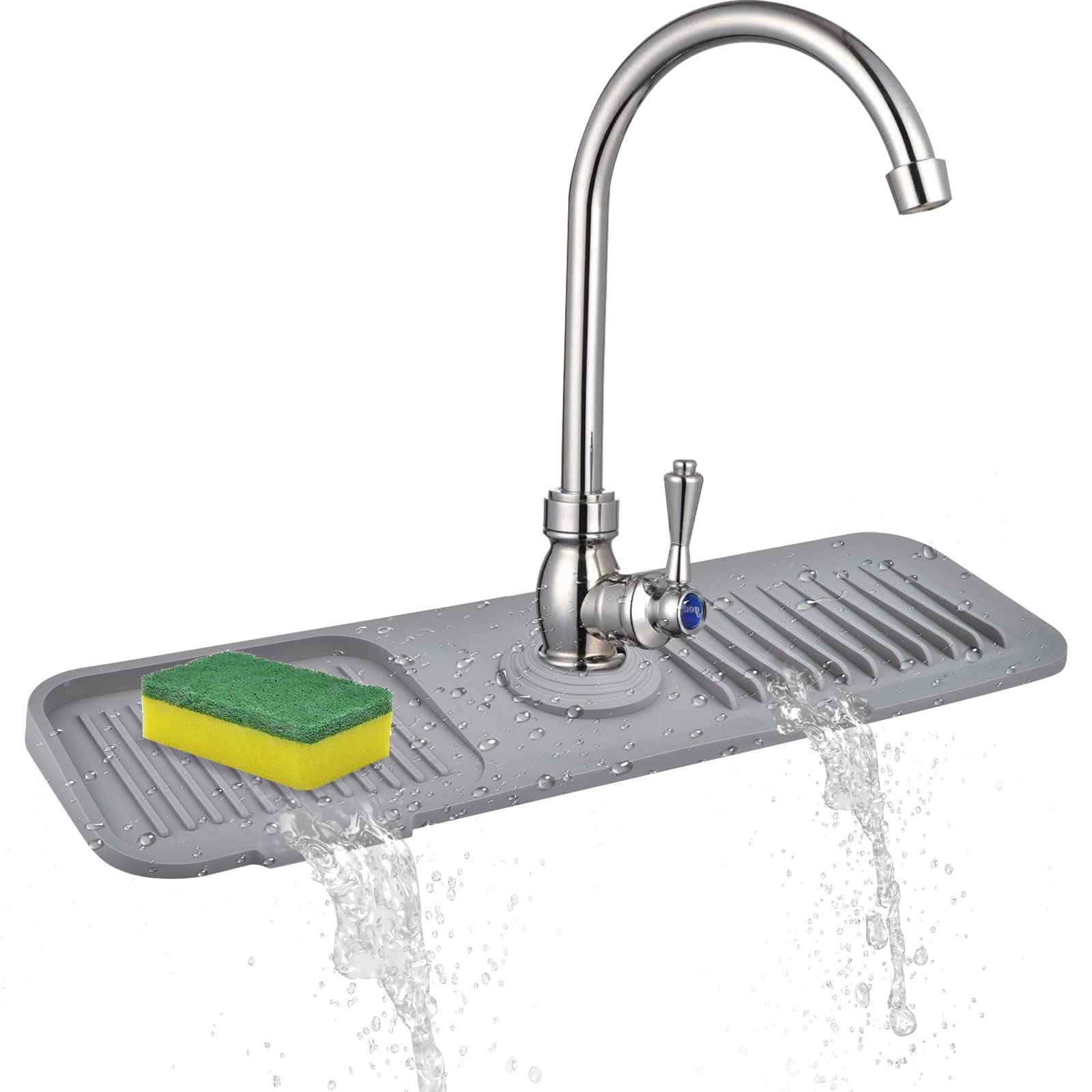 Kitchen Sink Splash Guard, Silicone Faucet Handle Drip Catcher Tray Fits the Faucet Tube within 2.5", Kitchen Sponge Holder Faucet Absorbent Sink Protectors Mat (17.7" x 5.5")