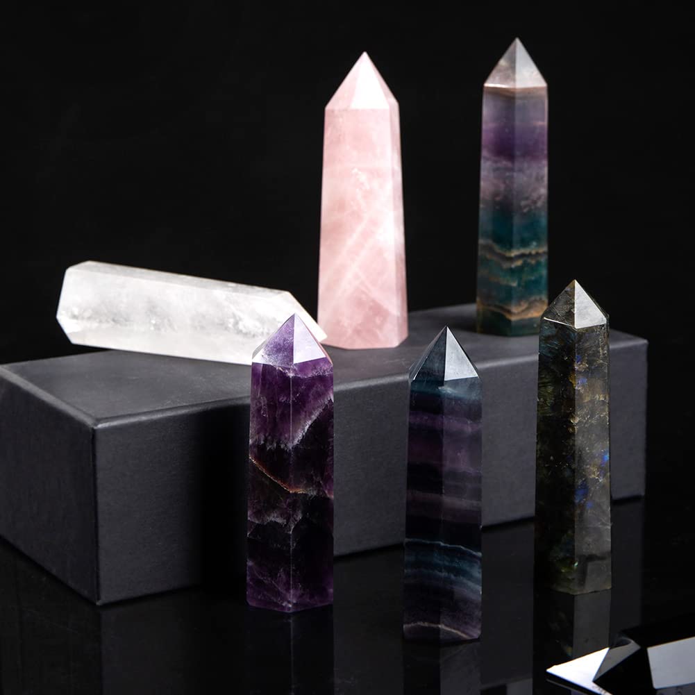 CASMON Amethyst Crystal Tower 3.2"-3.5" Healing Crystal Point Wand, Natural Large 6 Faceted Prism Natural Lepidolite Crystal Wand with Gift Box for Reiki, Chakra, Meditation, Collection, Home Décor
