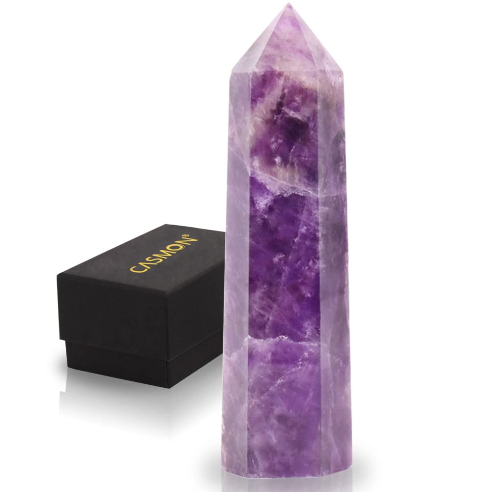CASMON Amethyst Crystal Tower 3.2"-3.5" Healing Crystal Point Wand, Natural Large 6 Faceted Prism Natural Lepidolite Crystal Wand with Gift Box for Reiki, Chakra, Meditation, Collection, Home Décor