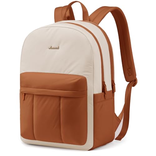 LOVEVOOK Laptop Backpack for Women, Lightweight Puffy Travel Backpack, Teacher Nurse Work Bag Quilted Computer Backpack Purse, Cute Waterproof Casual Daypack Laptop Bag, 17.3 Inch,Beige-Brown