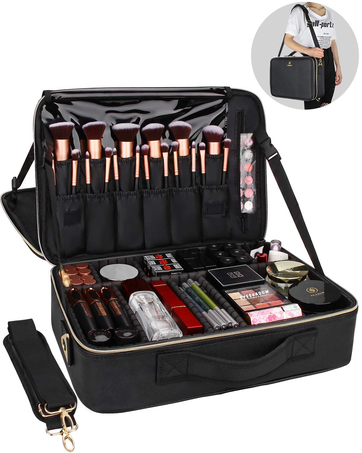 Relavel Makeup Case Large Makeup Bag Professional Train Case 16.5 inches Travel Cosmetic Organizer Brush Holder Waterproof Makeup Artist Storage Box, 3 Layer Large Capacity, with Adjustable Strap