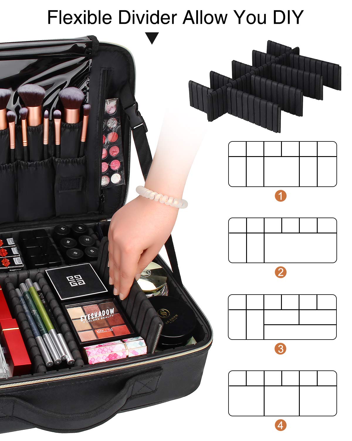 Relavel Makeup Case Large Makeup Bag Professional Train Case 16.5 inches Travel Cosmetic Organizer Brush Holder Waterproof Makeup Artist Storage Box, 3 Layer Large Capacity, with Adjustable Strap