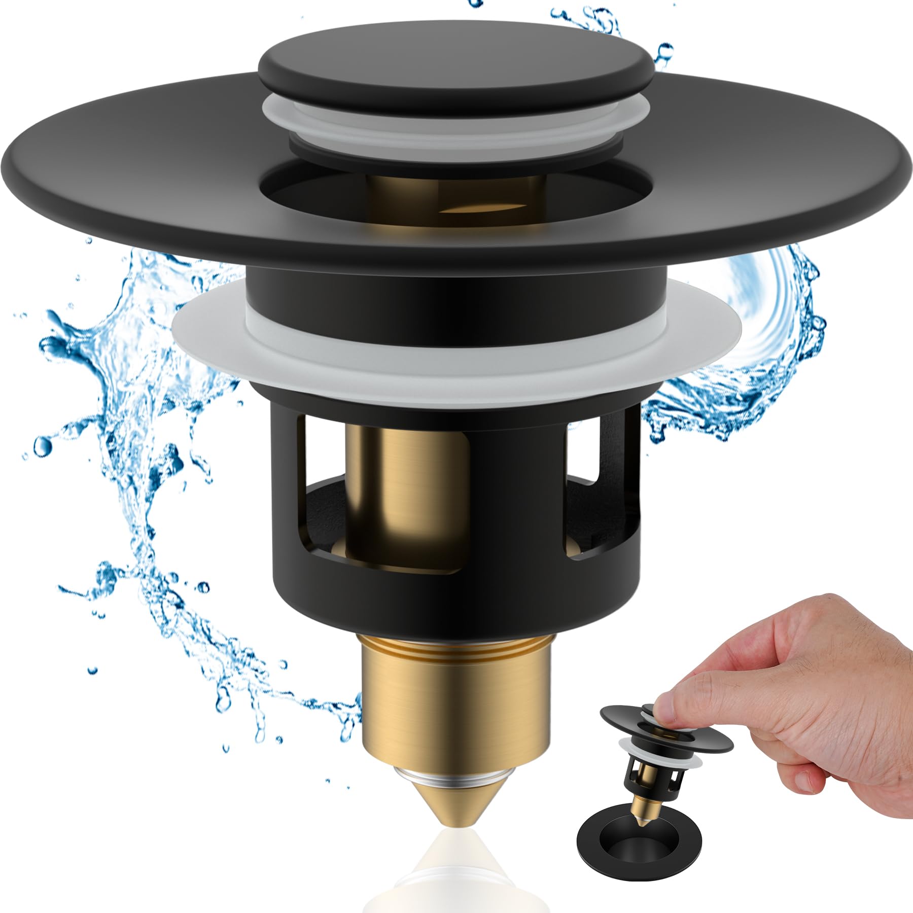 Hibbent All Metal Universal Bathroom Sink Stopper, for 1.1''~2.3'' Basin Pop Up Sink Drain Strainer, Upgraded Brass Bullet Core Push Type Sink Stopper, Anti Clogging Drain Filter, Matte Black
