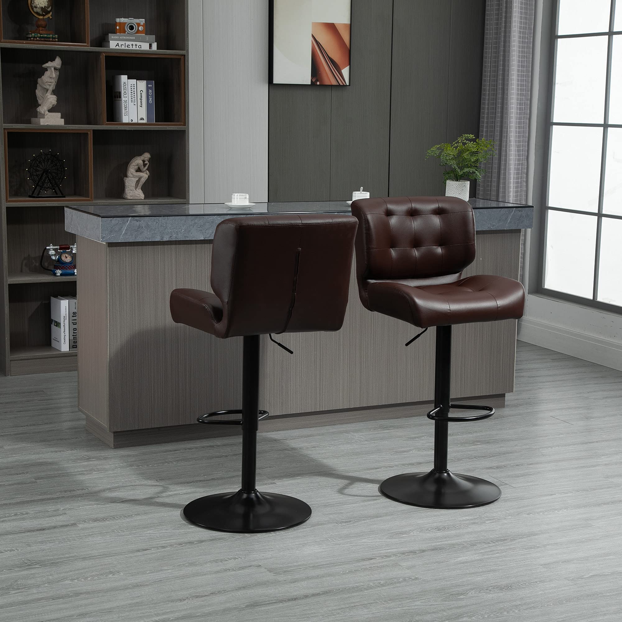 HOMCOM Bar Height Bar Stools Set of 2 with Adjustable Seat, Thick Padded Cushion and Metal Footrest for Home Bar, Brown