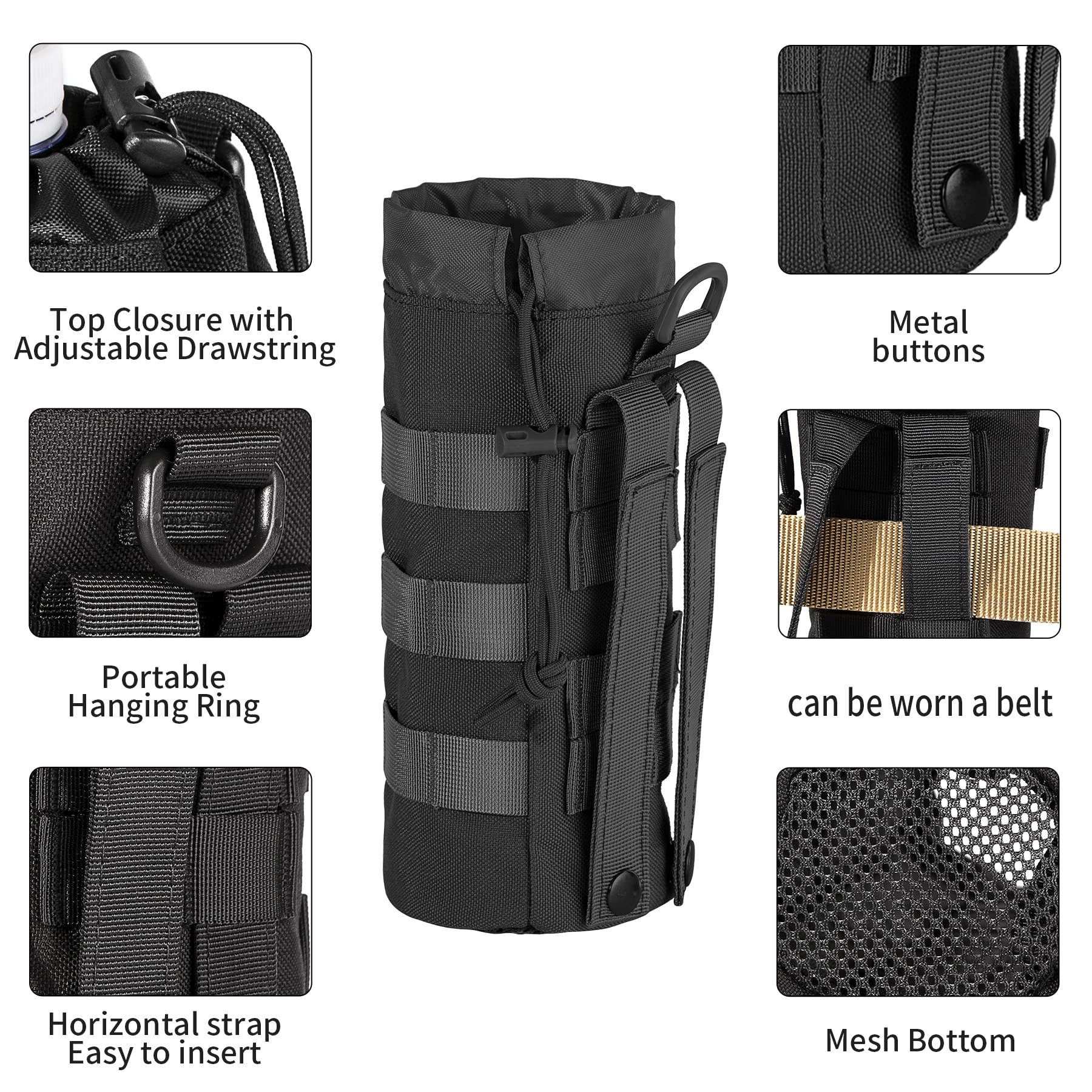 bvya 2 Pack Sports Water Bottle Pouches, Tactical Molle Water Bottle Holder Pouch, Drawstring Top Closure Sports Water Bottle Pouch Carrier