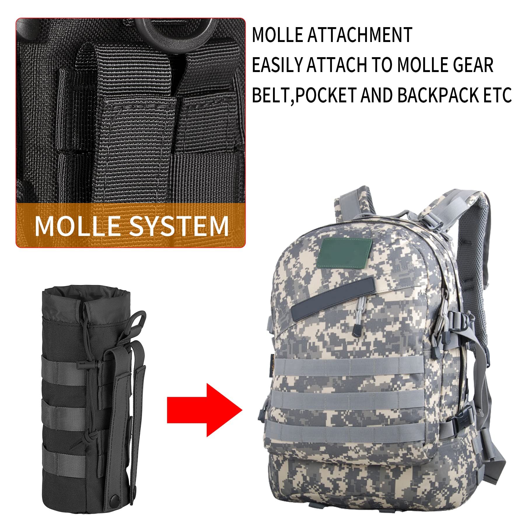 bvya 2 Pack Sports Water Bottle Pouches, Tactical Molle Water Bottle Holder Pouch, Drawstring Top Closure Sports Water Bottle Pouch Carrier