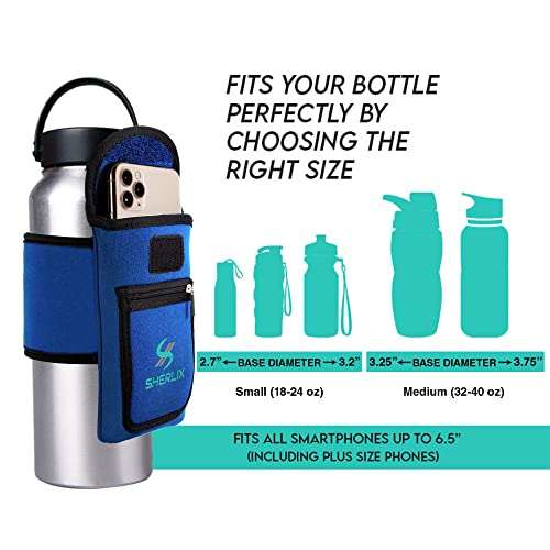 Gym Water Bottle Pouch -18-40 oz Water Bottle Holder for Running, Walking, Workout - Cell Phone Holder Caddy, Accessory Pockets for Keys and Cards- Handheld Sport Bottle Carrier - No Carabiner