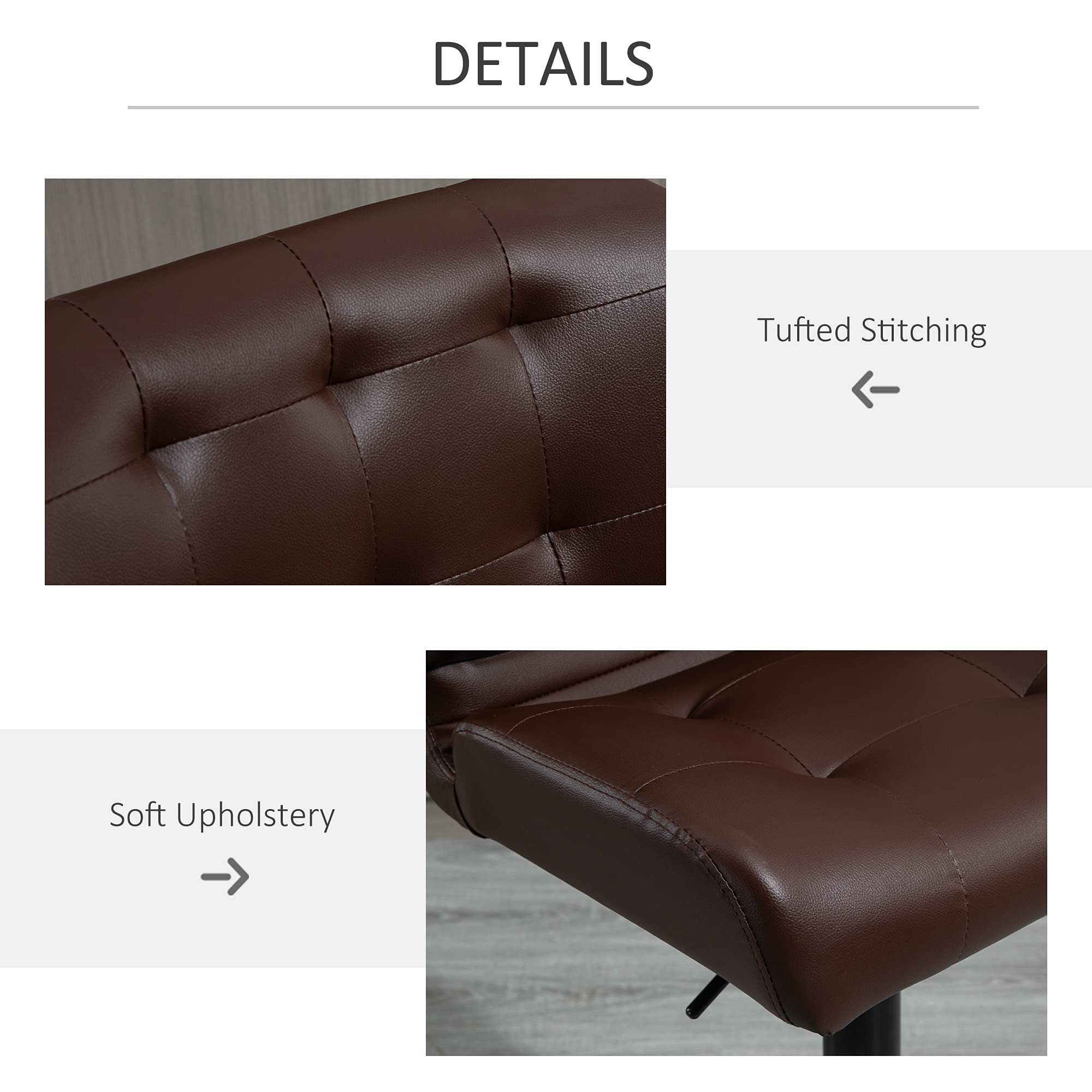HOMCOM Bar Height Bar Stools Set of 2 with Adjustable Seat, Thick Padded Cushion and Metal Footrest for Home Bar, Brown