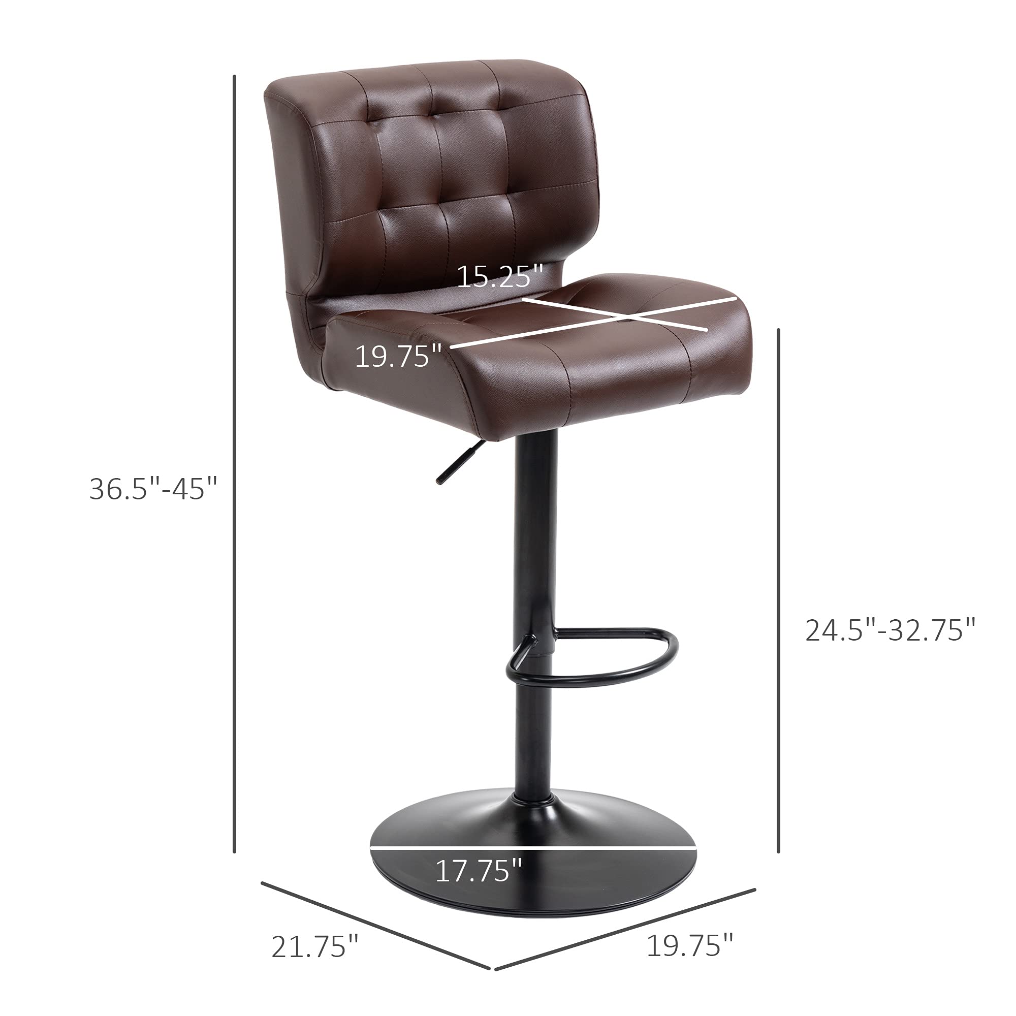 HOMCOM Bar Height Bar Stools Set of 2 with Adjustable Seat, Thick Padded Cushion and Metal Footrest for Home Bar, Brown