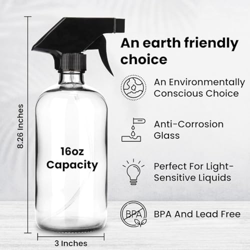 Chef's Star Glass Spray Bottles for Cleaning Solutions, Plants, and Hair, Empty Refillable Misting Spritzer with 3 Adjustable Spray Settings, 16 Oz, Pack of 2, Clear