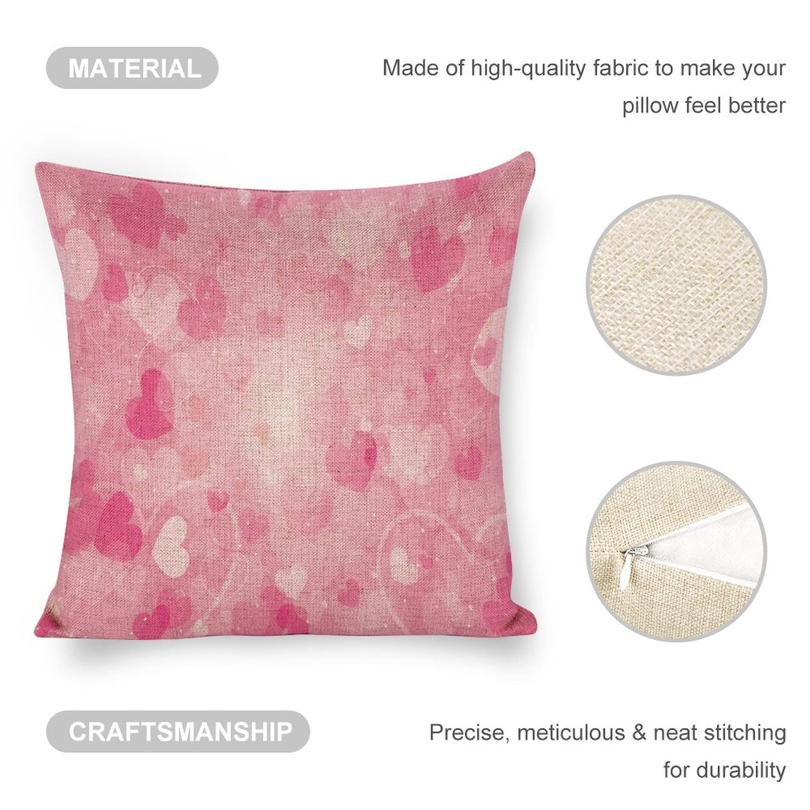 Pink Romantic Heart Throw Pillow Covers 18×18 Pillowcases Set of 2 Happy Valentine's Day Linen Decorative Square Pillow Case Cushion Covers Standard Size for Sofa Couch Outdoor Bed Pillow Protectors