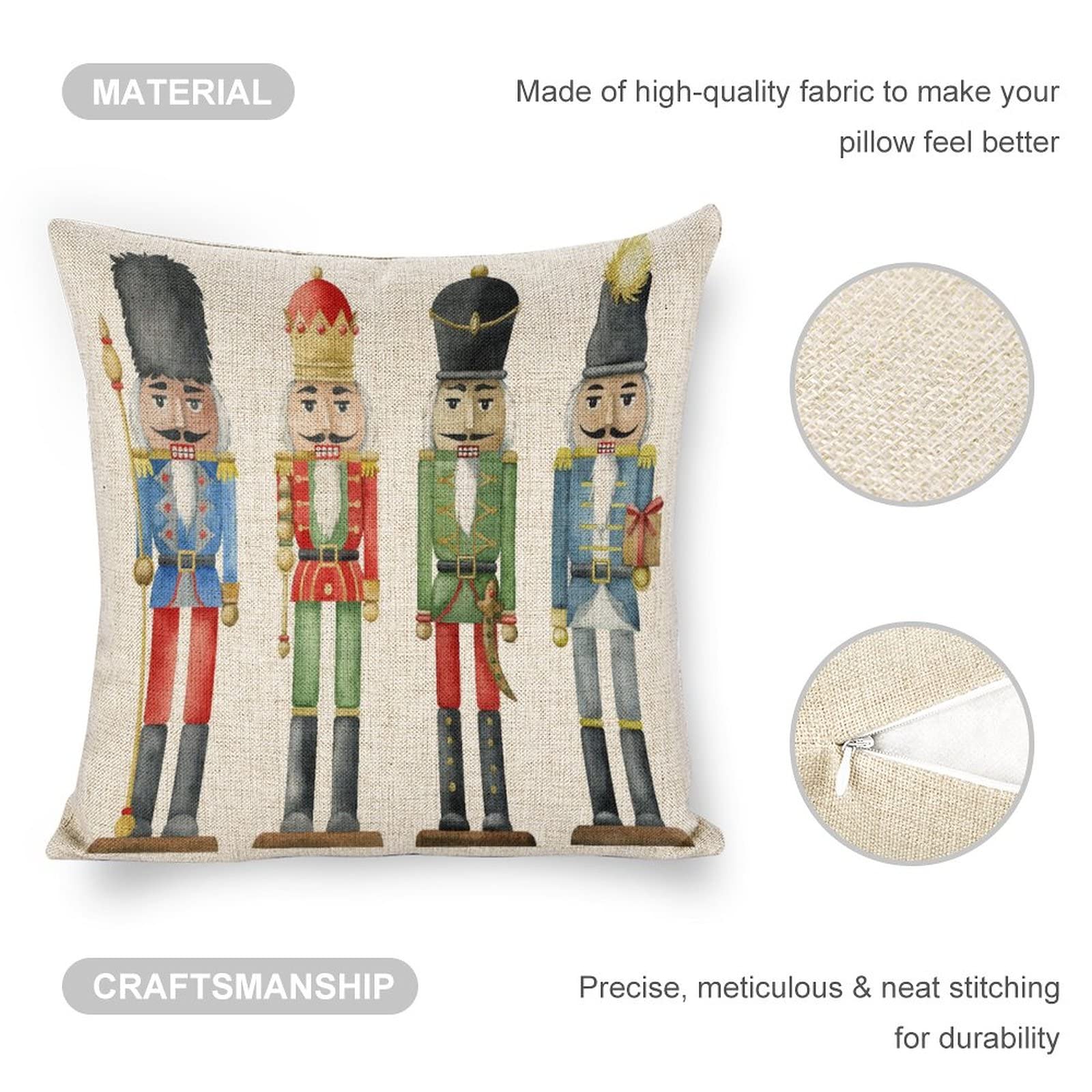 Christmas Nutcracker Soldiers Throw Pillow Covers 18×18 Pillowcases Set of 2 Winter Holidays Linen Decorative Square Pillow Case Cushion Covers Standard Size for Sofa Couch Outdoor Bed Pillow Protect