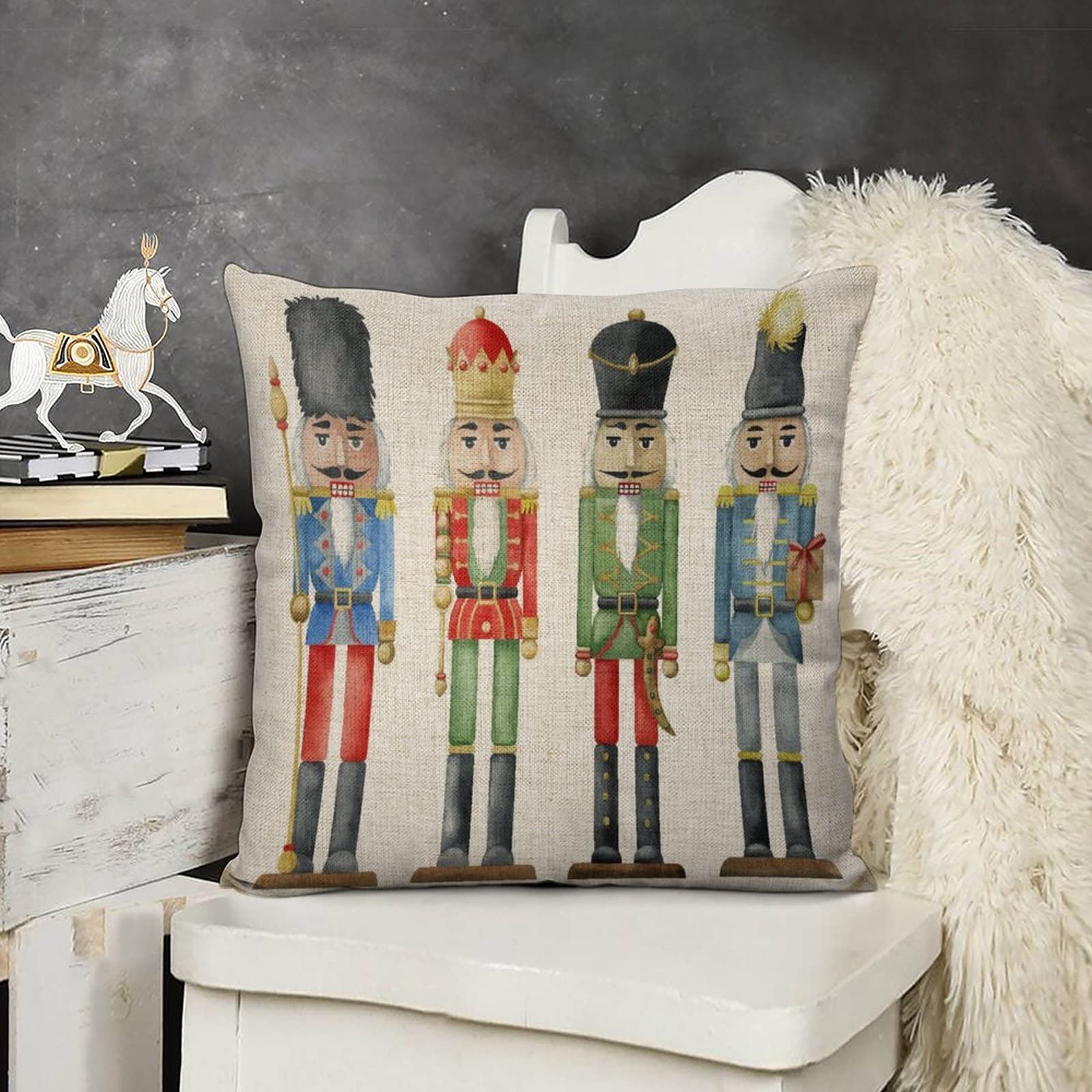 Christmas Nutcracker Soldiers Throw Pillow Covers 18×18 Pillowcases Set of 2 Winter Holidays Linen Decorative Square Pillow Case Cushion Covers Standard Size for Sofa Couch Outdoor Bed Pillow Protect
