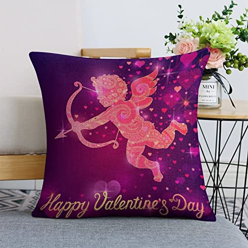 Happy Valentine's Day Throw Pillow Covers 18×18 Pillowcases Set of 2 Glitter Cupid Linen Decorative Square Pillow Case Cushion Covers Standard Size for Sofa Couch Outdoor Bed Pillow Protectors