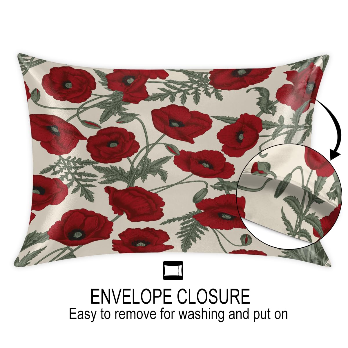 Poppies Satin Pillow Cases Silk Satin Pillowcase for Hair and Skin Standard Set of 2 Super Soft Silk Pillowcase with Envelope Closure (20x26 in)
