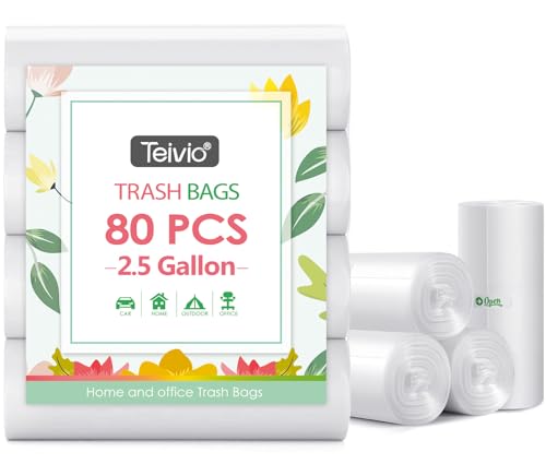 2.5 Gallon Strong Trash Bags Garbage Bags by Teivio, Bathroom Trash Can Bin Liners, Small Plastic Bags for Home Office Kitchen, Clear, (80 Counts)