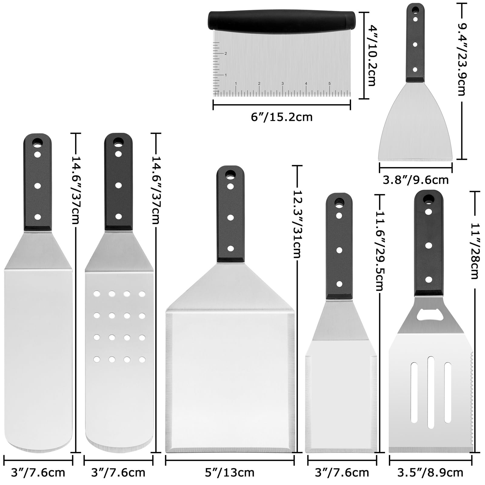 Leonyo Griddle Accessories Set of 7, Stainless Steel Metal Spatula Scraper Turner for Flat Top Grill Pan BBQ, Dishwasher Safe, 6 x Hanging Hooks
