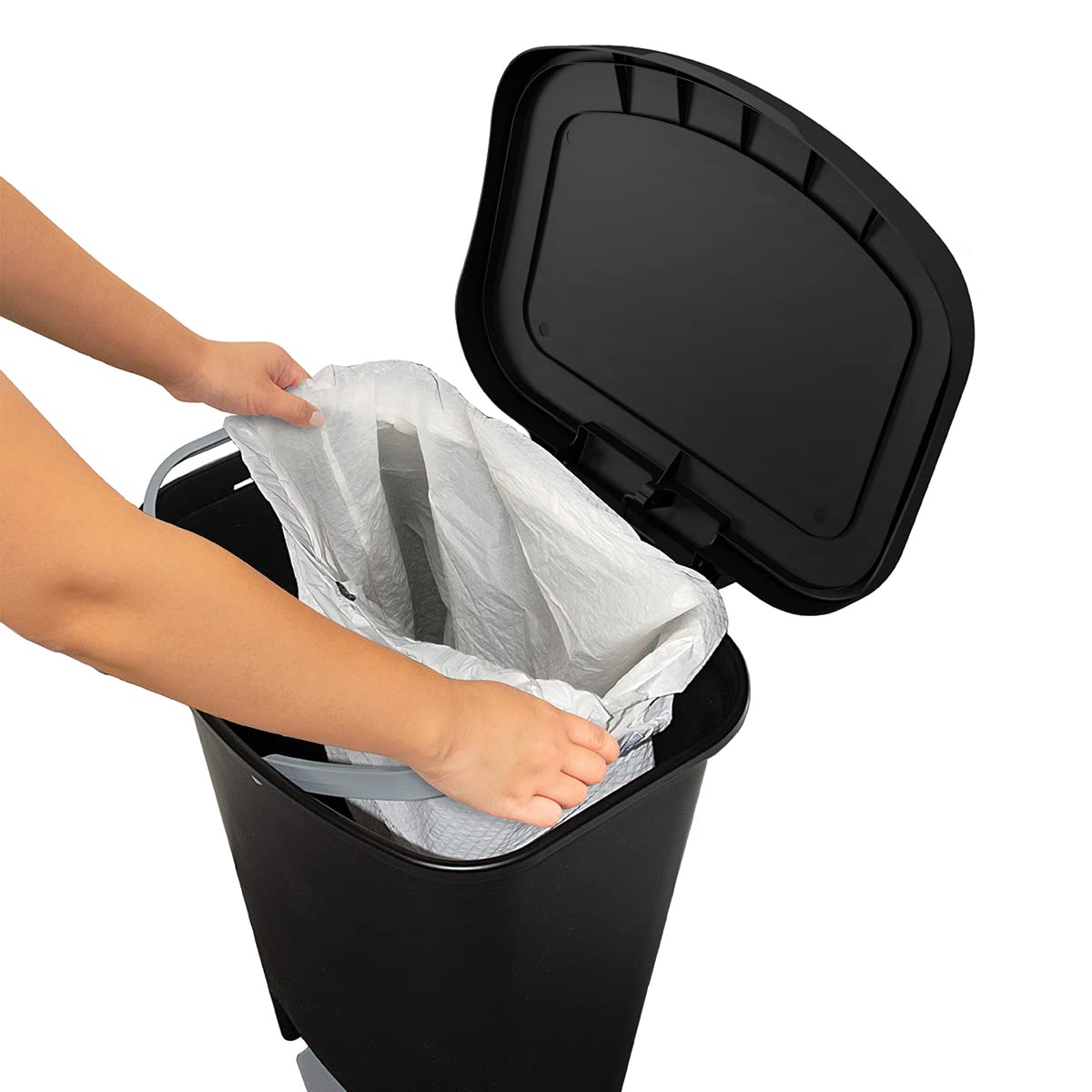 Glad 13 Gallon Trash Can, 2 Pack | Plastic Kitchen Waste Bin with Odor Protection of Lid | Hands Free with Step On Foot Pedal and Garbage Bag Rings, Black, 2 Count