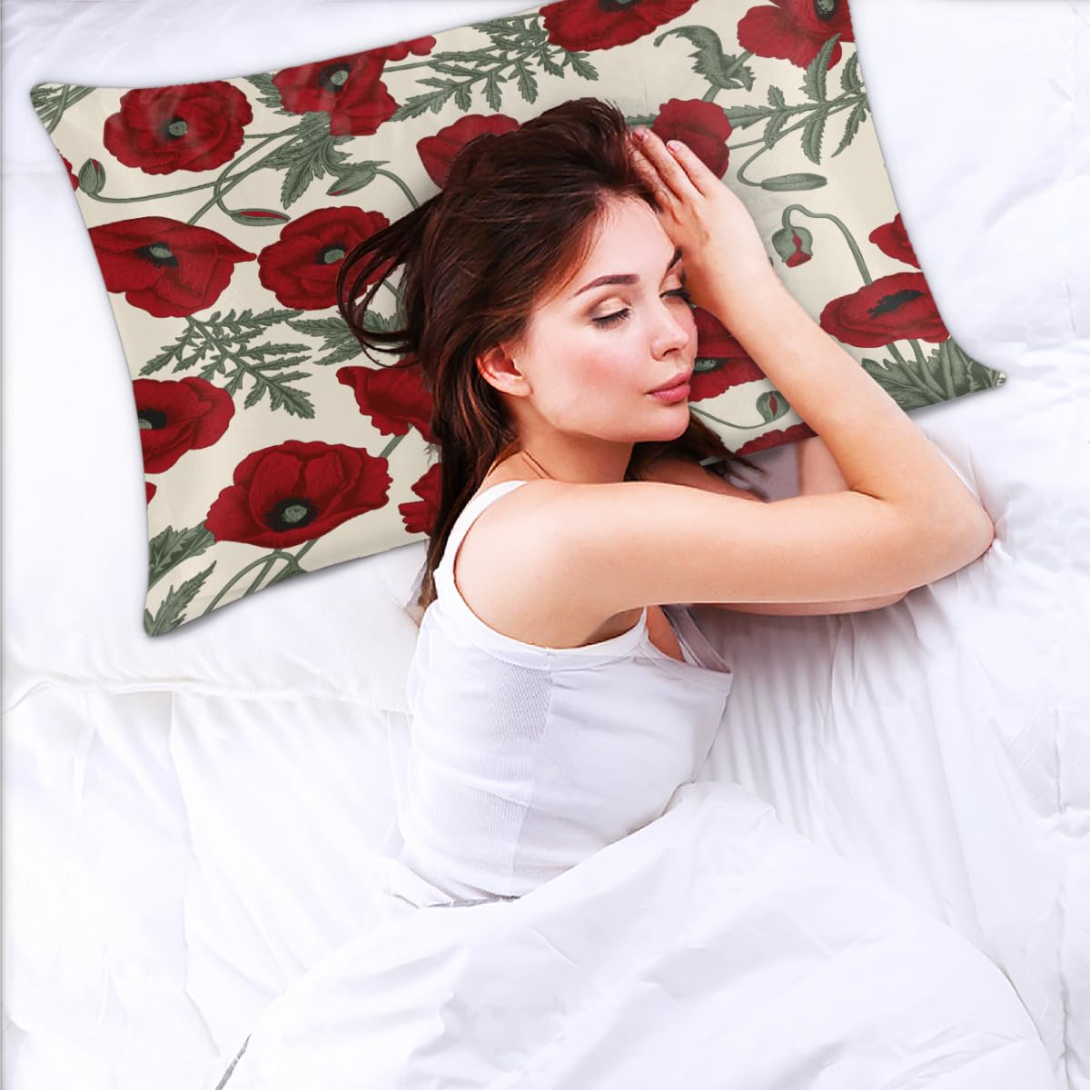 Poppies Satin Pillow Cases Silk Satin Pillowcase for Hair and Skin Standard Set of 2 Super Soft Silk Pillowcase with Envelope Closure (20x26 in)