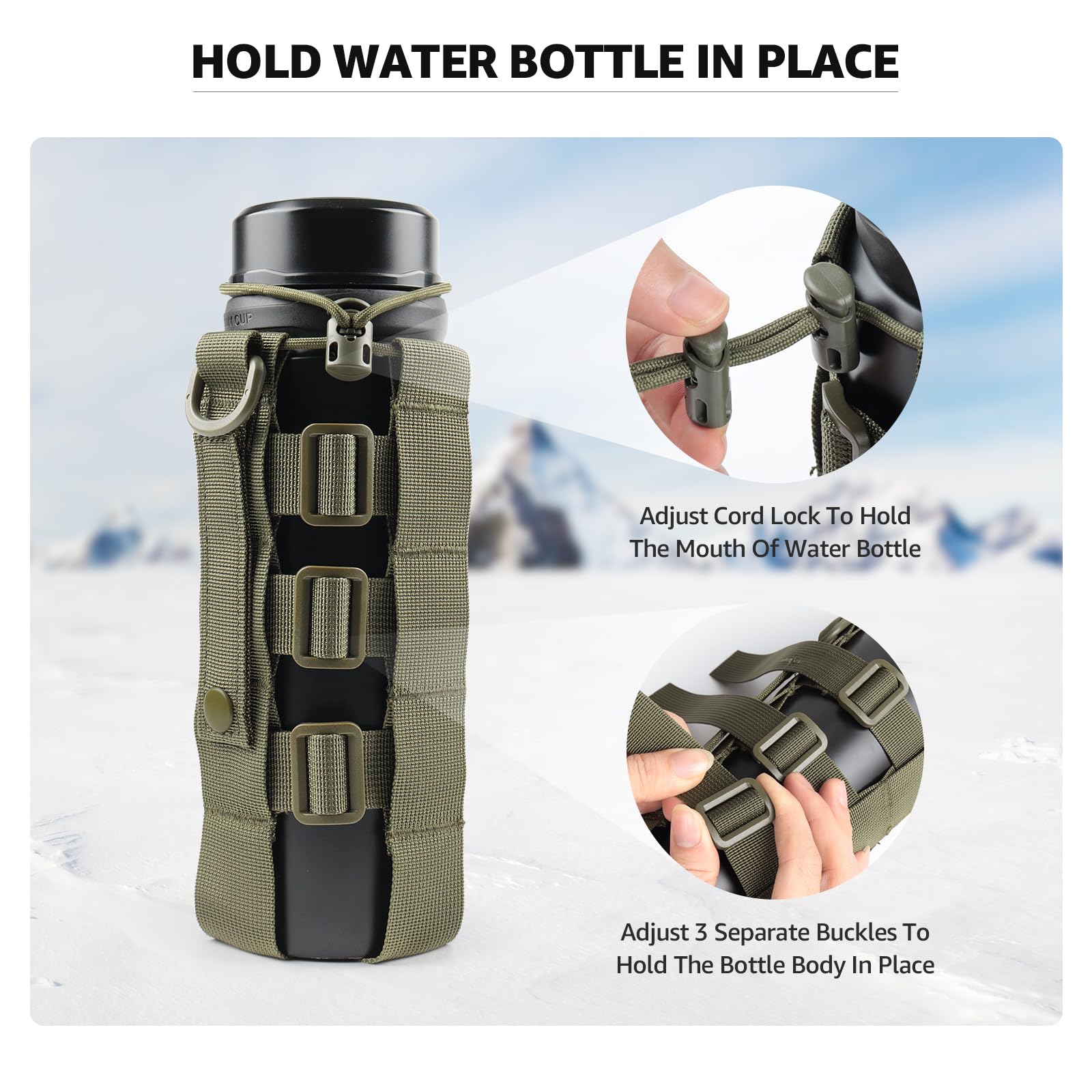 ZXXSFM Molle Pouch Water Bottle Holder for Backpack, Tactical Water Bottle Holder Use with Strap, Adjustable Straps Water Bottle Carrier Bag for 20 32 36 48 Oz Water Bottle(Green)