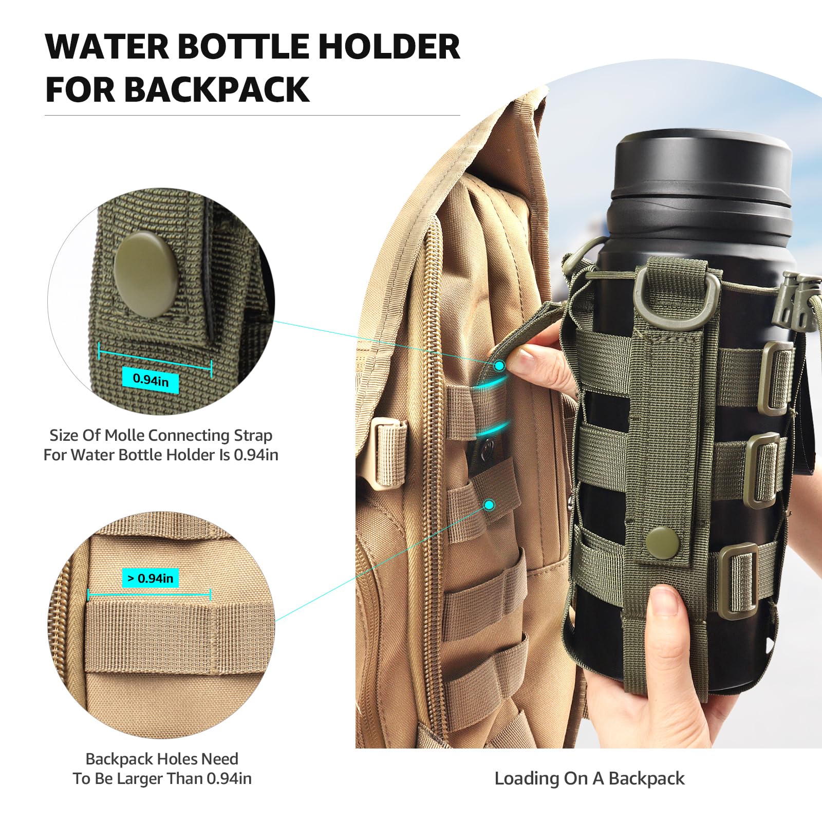 ZXXSFM Molle Pouch Water Bottle Holder for Backpack, Tactical Water Bottle Holder Use with Strap, Adjustable Straps Water Bottle Carrier Bag for 20 32 36 48 Oz Water Bottle(Green)
