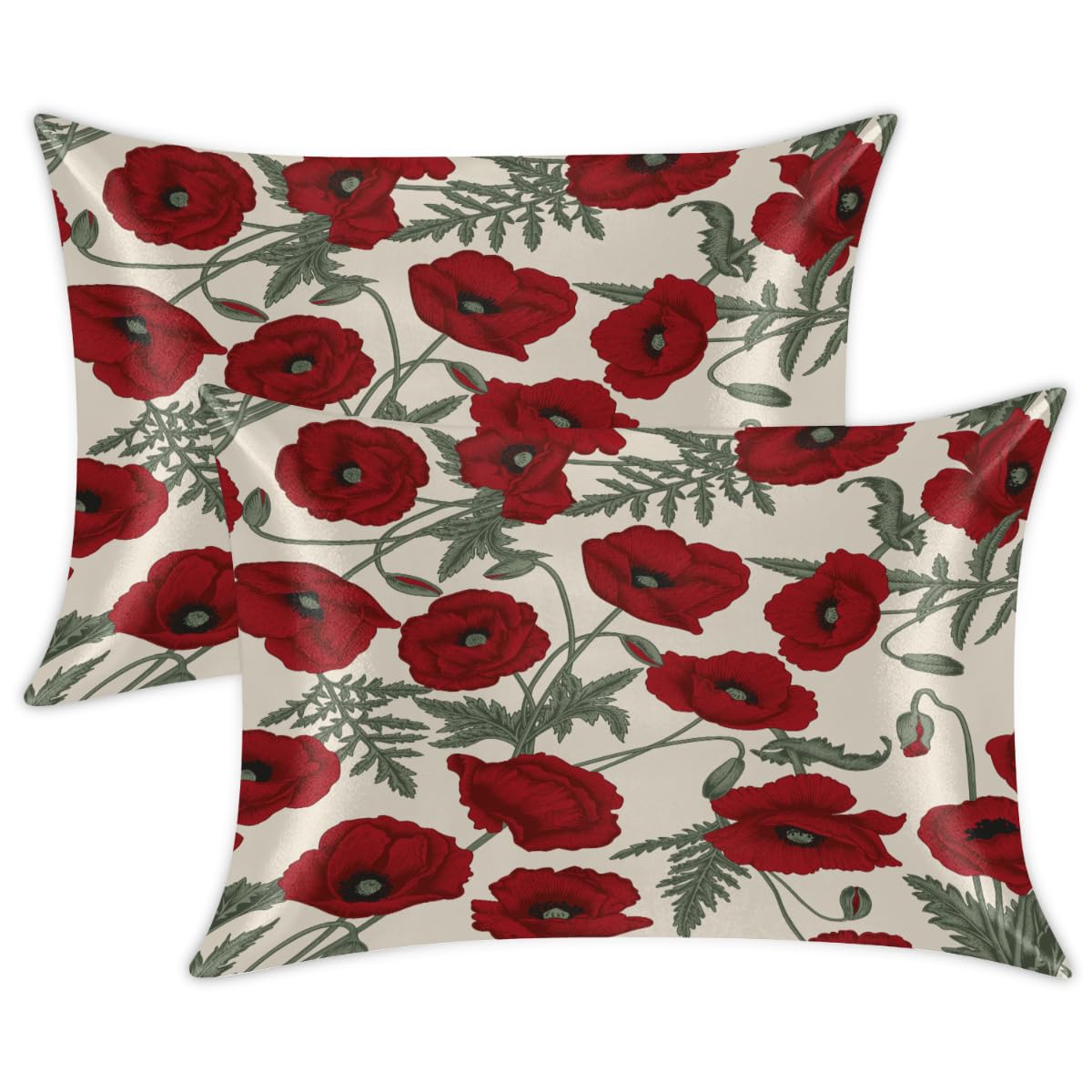 Poppies Satin Pillow Cases Silk Satin Pillowcase for Hair and Skin Standard Set of 2 Super Soft Silk Pillowcase with Envelope Closure (20x26 in)