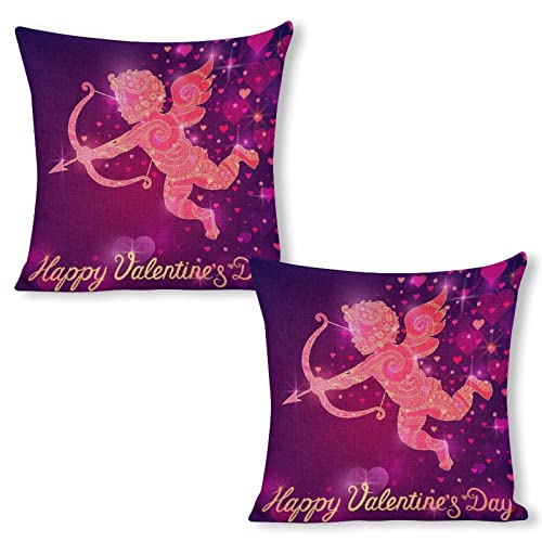 Happy Valentine's Day Throw Pillow Covers 18×18 Pillowcases Set of 2 Glitter Cupid Linen Decorative Square Pillow Case Cushion Covers Standard Size for Sofa Couch Outdoor Bed Pillow Protectors