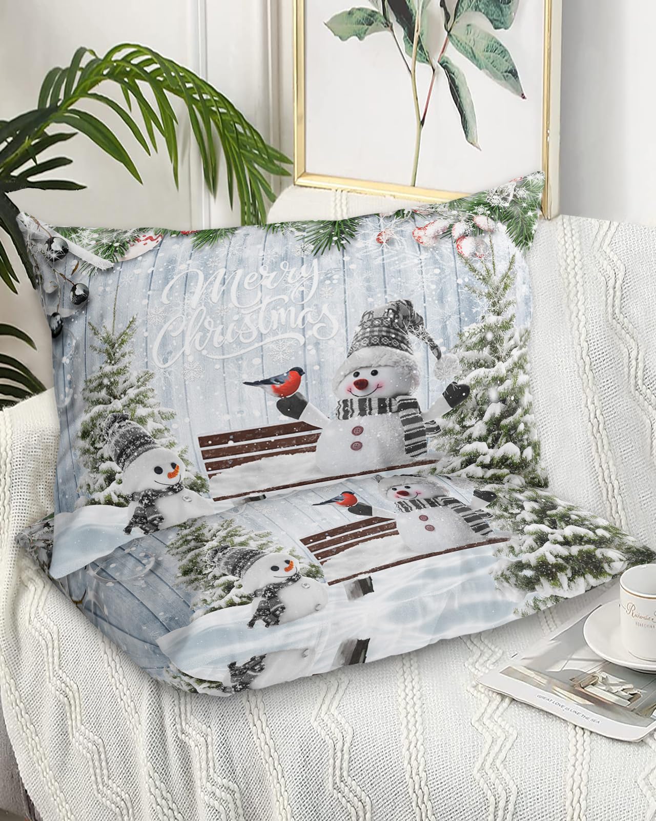 Edwiinsa Merry Christmas Pillow Covers King Standard Set of 2 20x36 Bed Pillow, Plush Soft Comfort for Hair/Skin Cooling Pillowcases with Envelop Closure Throw Covers Snowman Winter Pine Tree Leaves