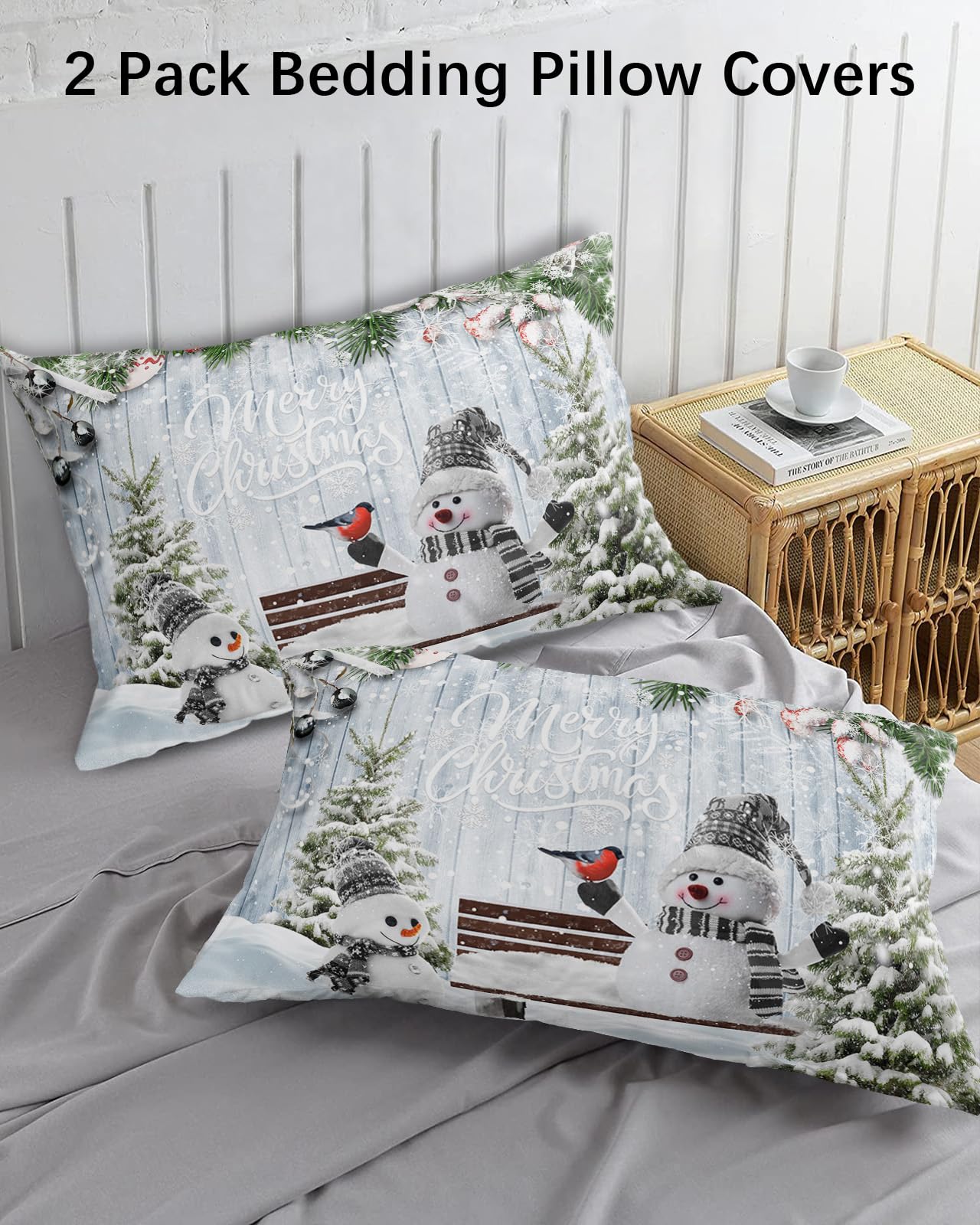 Edwiinsa Merry Christmas Pillow Covers King Standard Set of 2 20x36 Bed Pillow, Plush Soft Comfort for Hair/Skin Cooling Pillowcases with Envelop Closure Throw Covers Snowman Winter Pine Tree Leaves