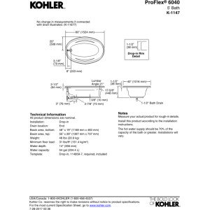 Kohler K-1147-0 5 ft. Drop-In Oval ExoCrylic Bathtub w/Reversible Drain White