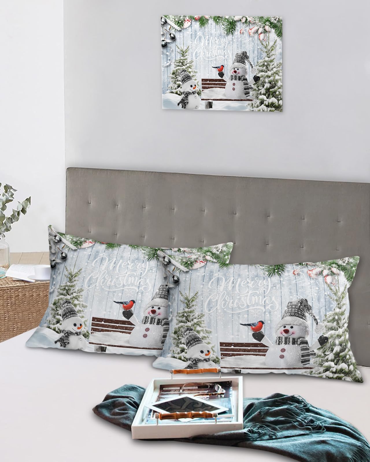 Edwiinsa Merry Christmas Pillow Covers King Standard Set of 2 20x36 Bed Pillow, Plush Soft Comfort for Hair/Skin Cooling Pillowcases with Envelop Closure Throw Covers Snowman Winter Pine Tree Leaves