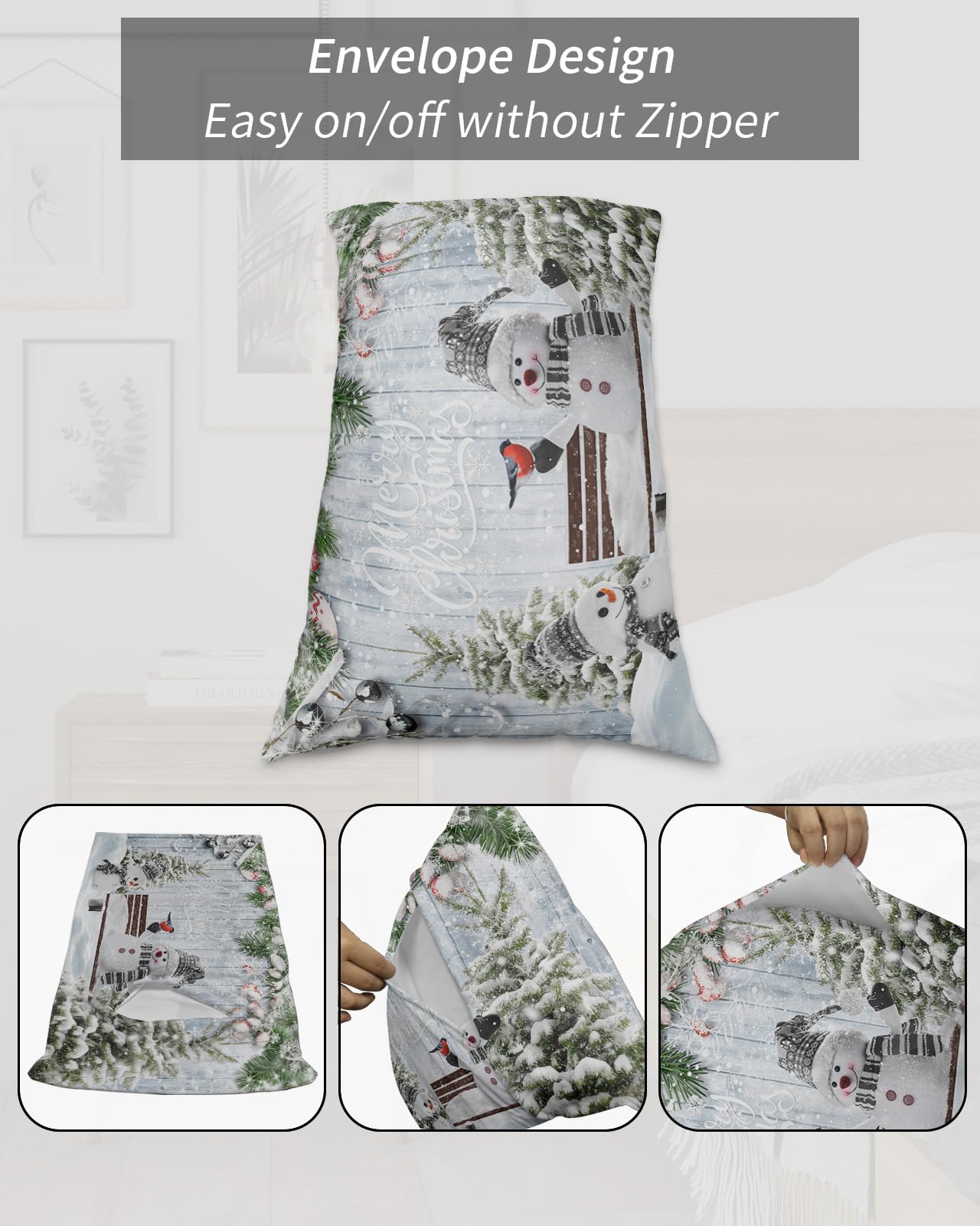 Edwiinsa Merry Christmas Pillow Covers King Standard Set of 2 20x36 Bed Pillow, Plush Soft Comfort for Hair/Skin Cooling Pillowcases with Envelop Closure Throw Covers Snowman Winter Pine Tree Leaves