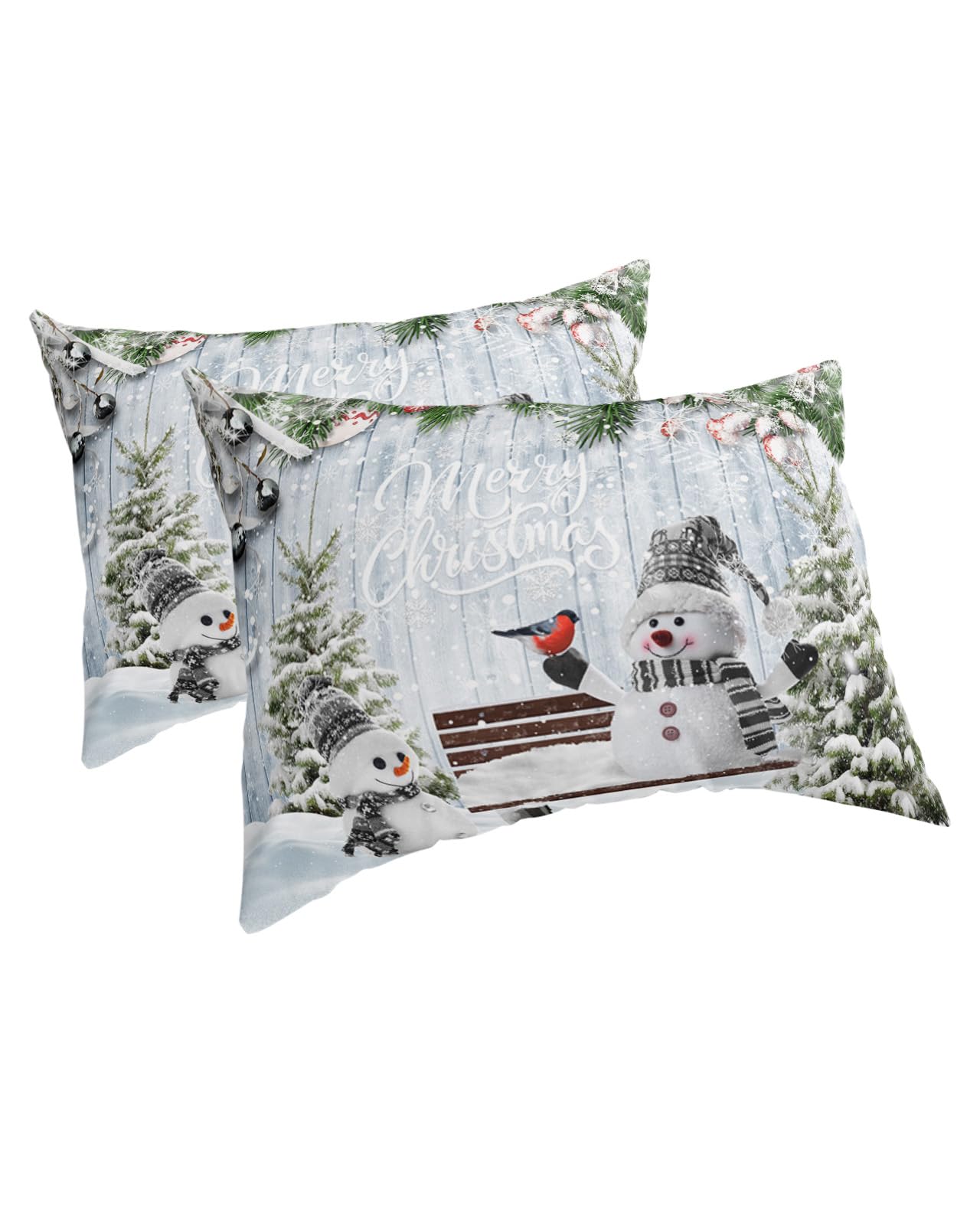 Edwiinsa Merry Christmas Pillow Covers King Standard Set of 2 20x36 Bed Pillow, Plush Soft Comfort for Hair/Skin Cooling Pillowcases with Envelop Closure Throw Covers Snowman Winter Pine Tree Leaves